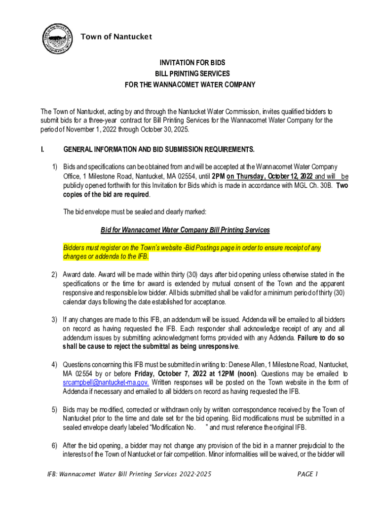 Fillable Online Invitation for Bids Bill Printing Services for the Wannacomet Water ... Fax ...