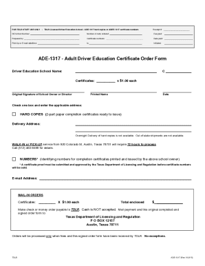 Fillable Online How To Get an ADE-1317 Adult Drivers Ed Certificate Fax ...