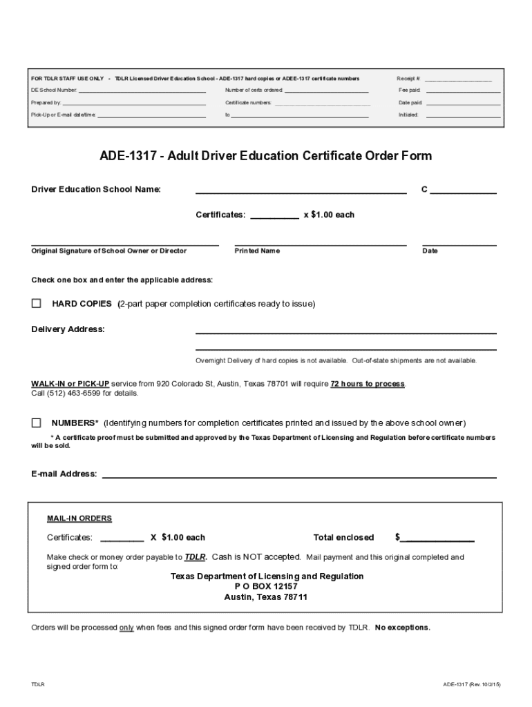 Fillable Online How To Get an ADE-1317 Adult Drivers Ed Certificate Fax ...
