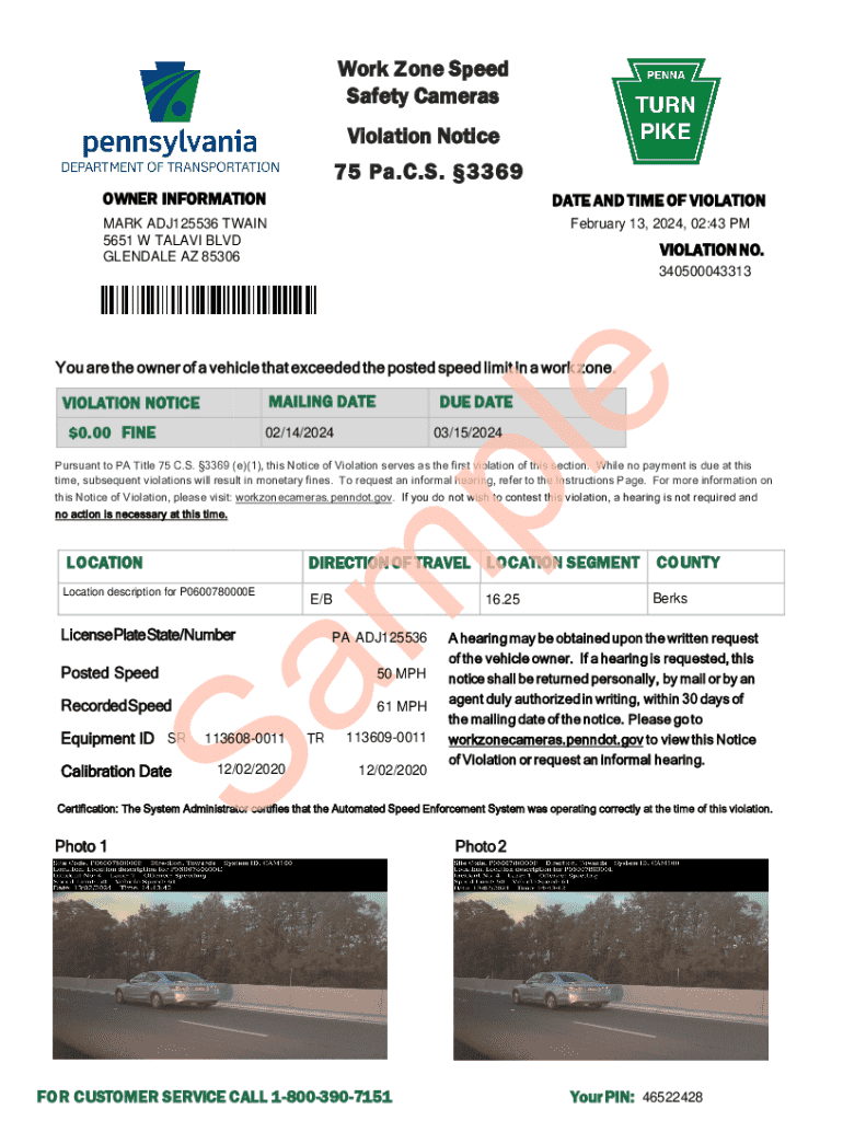 Fillable Online Work Zone Speed Safety Cameras Violation Notice 75 Pa.C ...