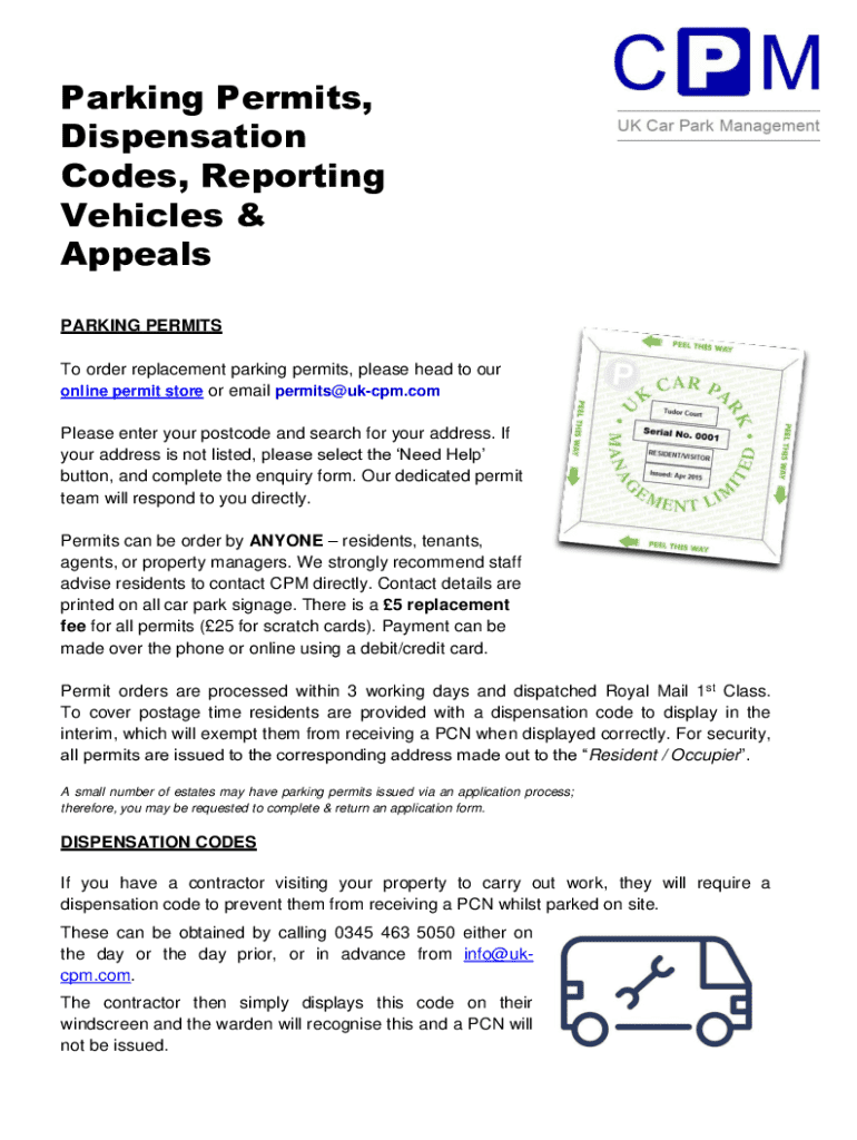 Fillable Online Parking Permits, Dispensation Codes, Reporting Vehicles ...
