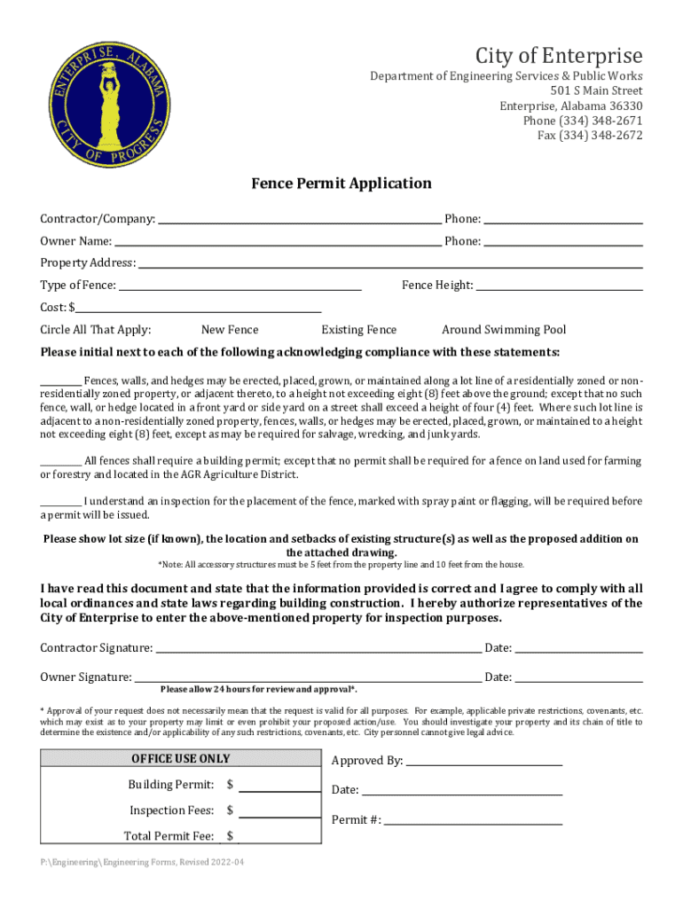 Fillable Online City of Enterprise - Fence Permit Application Fax Email ...