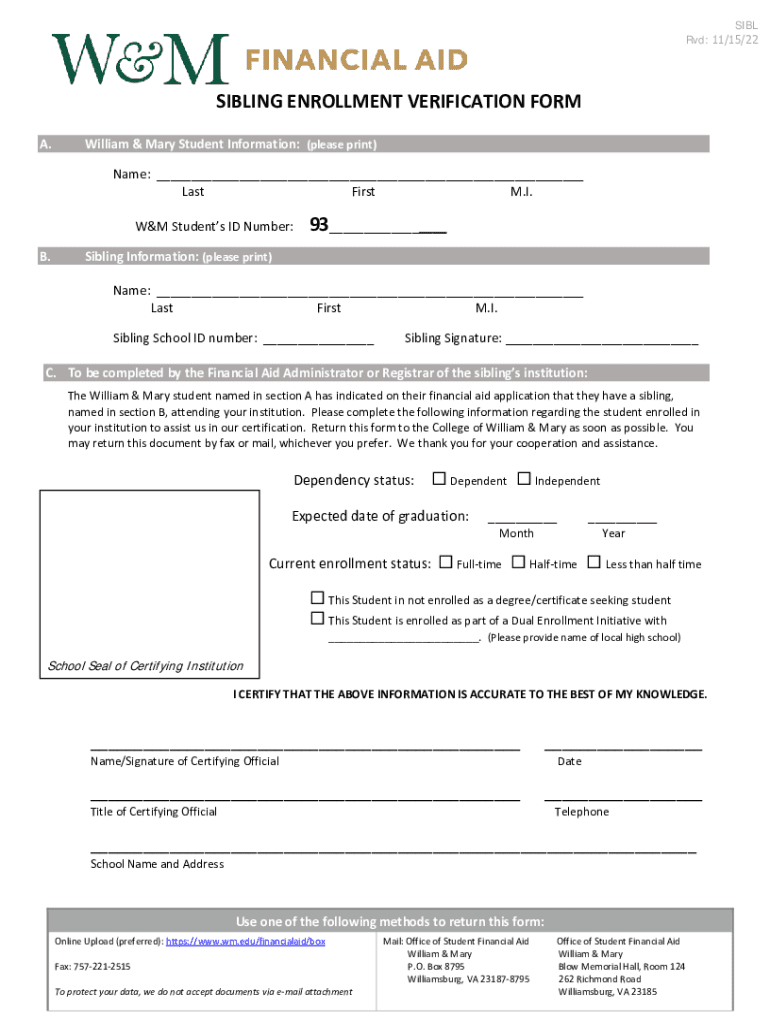Fillable Online Sibling Enrollment Verification Form - Williamsburg Fax ...