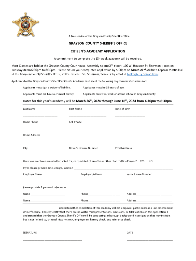 Fillable Online Grayson County Sheriff's Office to hold citizen's academy Fax Email Print ...