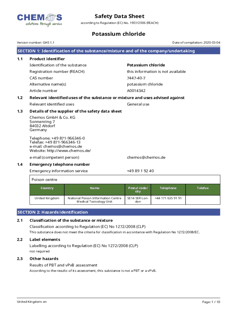 Fillable Online Potassium chloride - Safety Data Sheet Fax Email Print - pdfFiller