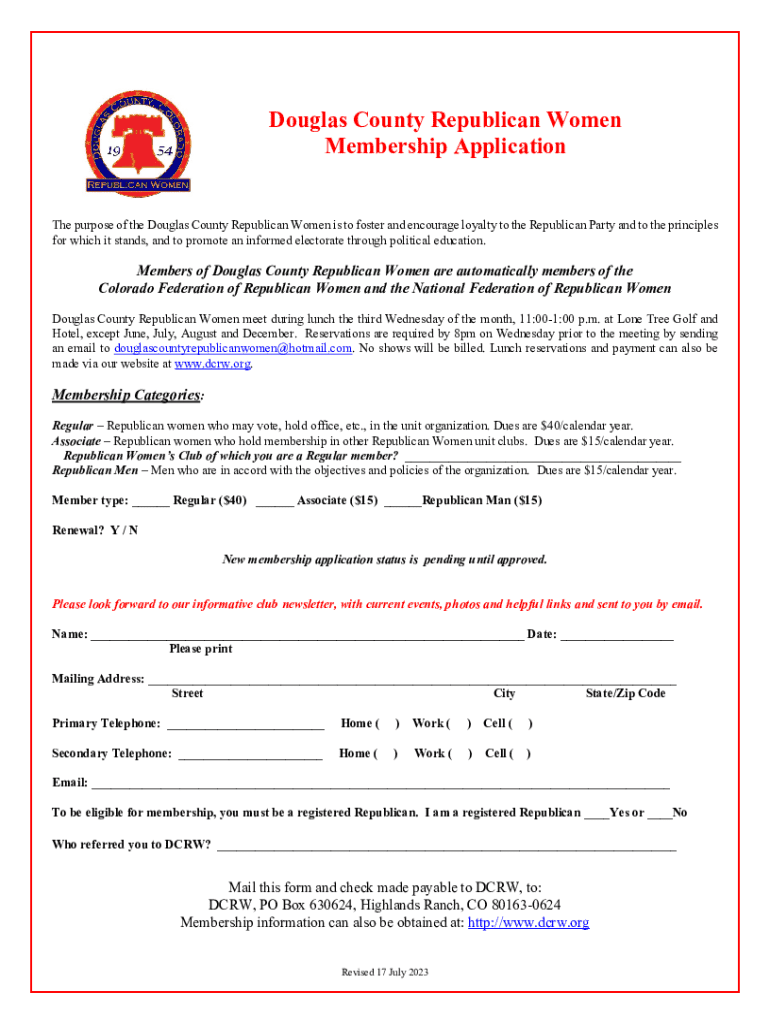 Fillable Online Douglas County Republican Women Membership Application ...
