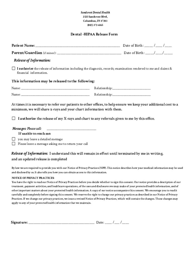 Fillable Online Dental -HIPAA Release Form Patient Name Fax Email Print ...