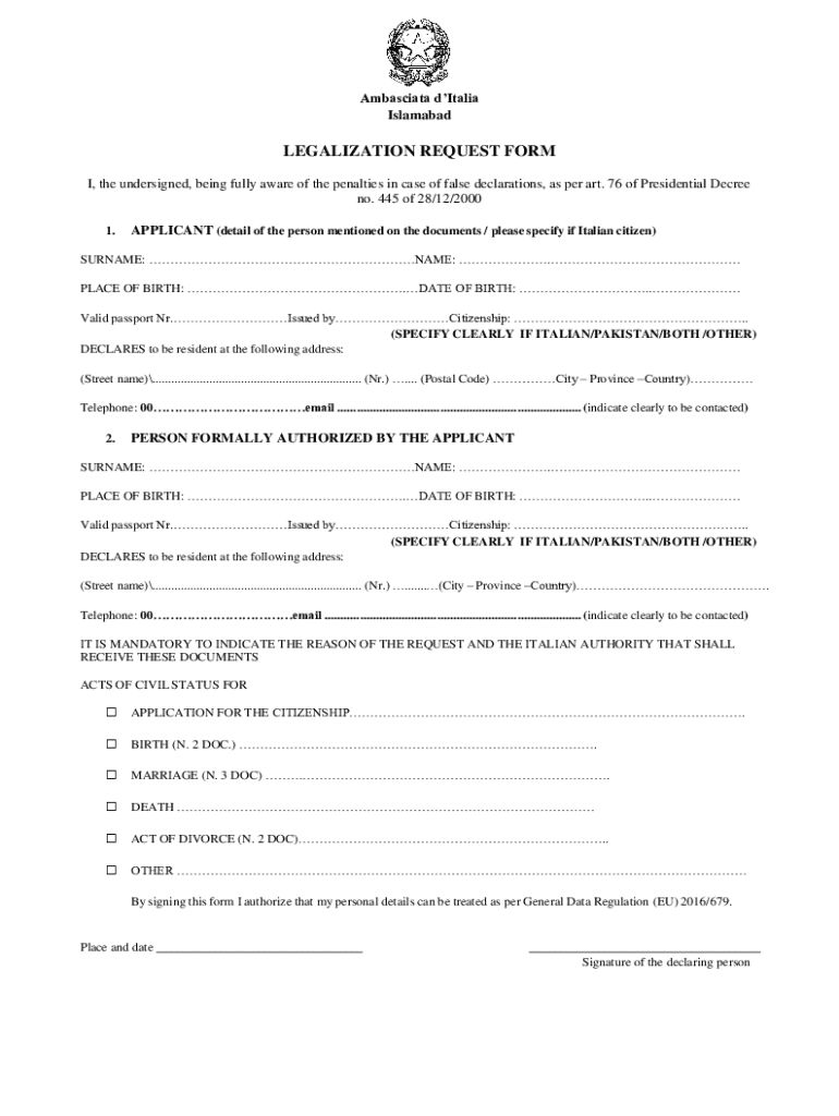 Fillable Online Legalization Request Form Ambasciata Italiana Islamabad ...