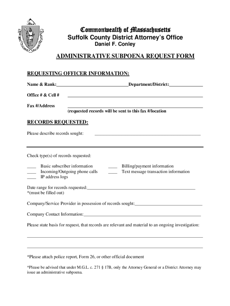 Fillable Online Administrative Subpoena Request Form Fax Email Print ...
