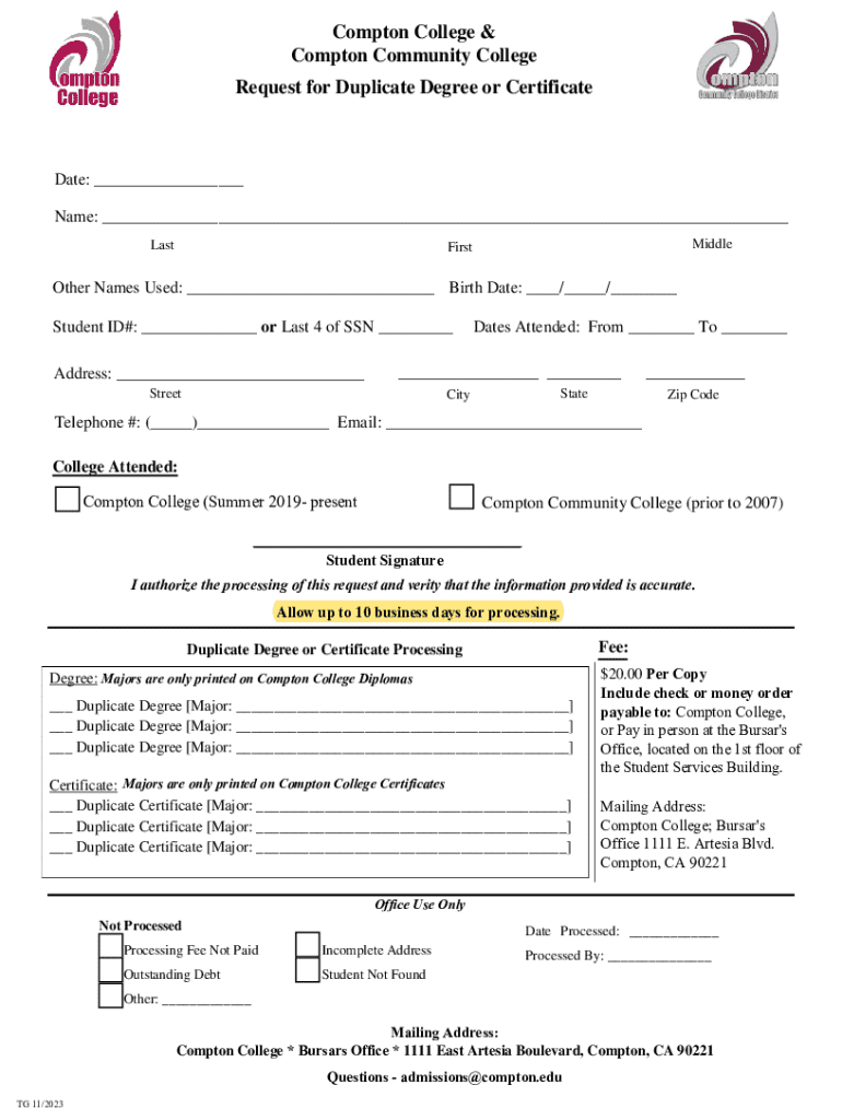 Fillable Online Request for Duplicate Degree or Certificate Fax Email Print - pdfFiller