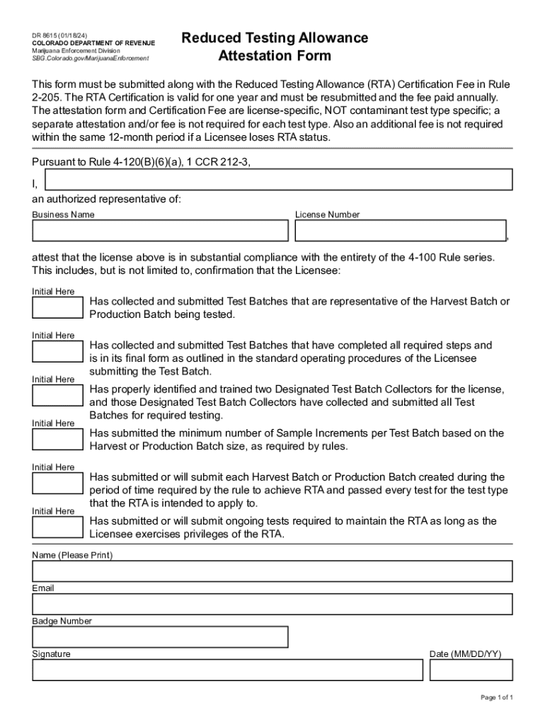 Fillable Online DR 8615 Reduced Testing Allowance Attestation Form. If ...
