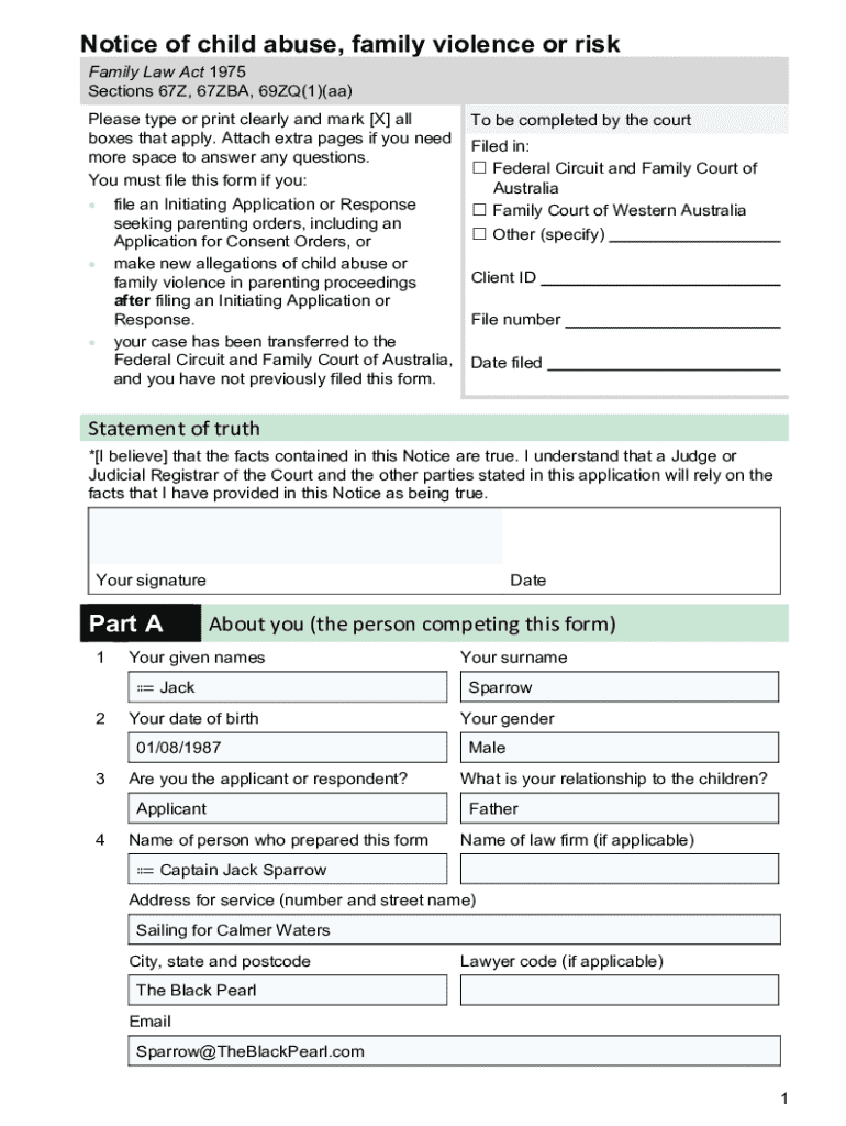 Fillable Online Notice of Child Abuse, Family Violence or Risk - Sample ...