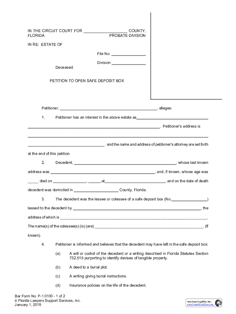 Fillable Online Petition To Open Safe Deposit Box :: Florida :: General ...