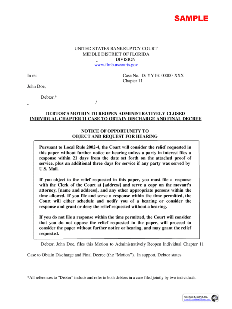 Fillable Online DEBTORS MOTION TO REOPEN ADMINISTRATIVELY CLOSED Fax ...