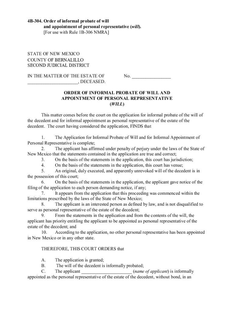Fillable Online 4B-304. Order of informal probate of will and appointment ... Fax Email Print ...