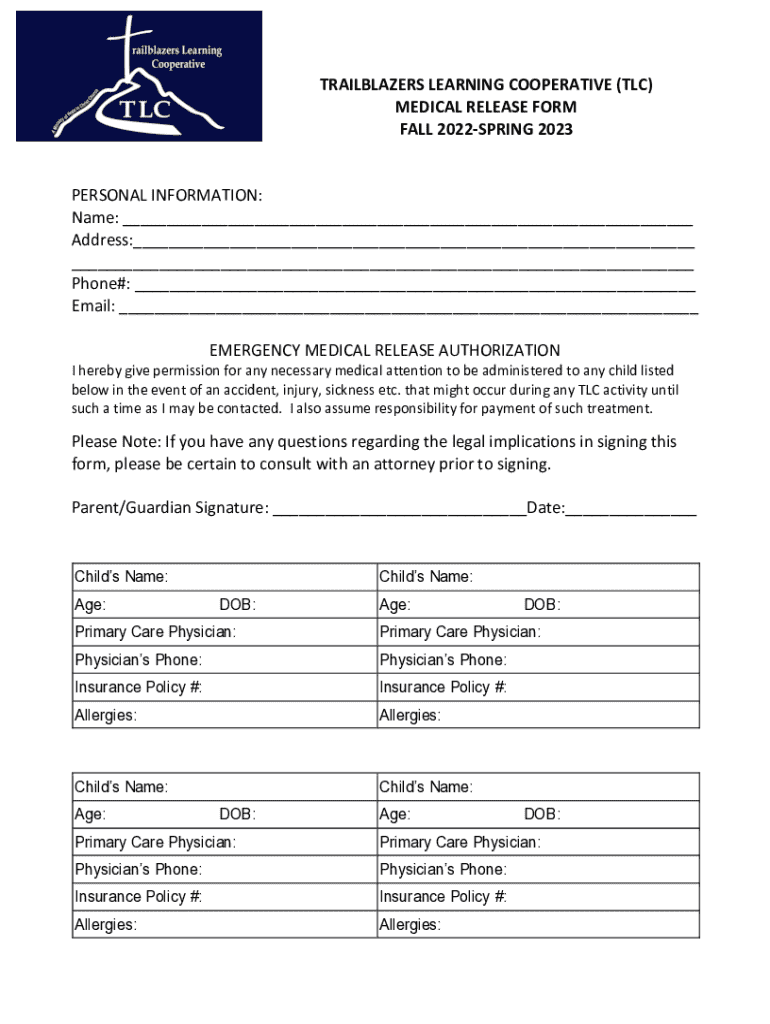 Fillable Online trailblazers learning cooperative (tlc) medical release ...