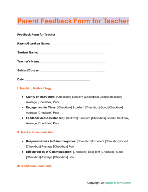 Fillable Online Parent Feedback Form for Teacher Fax Email Print ...