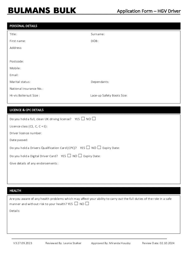 Fillable Online HGV Driver - Application Form Fax Email Print - pdfFiller