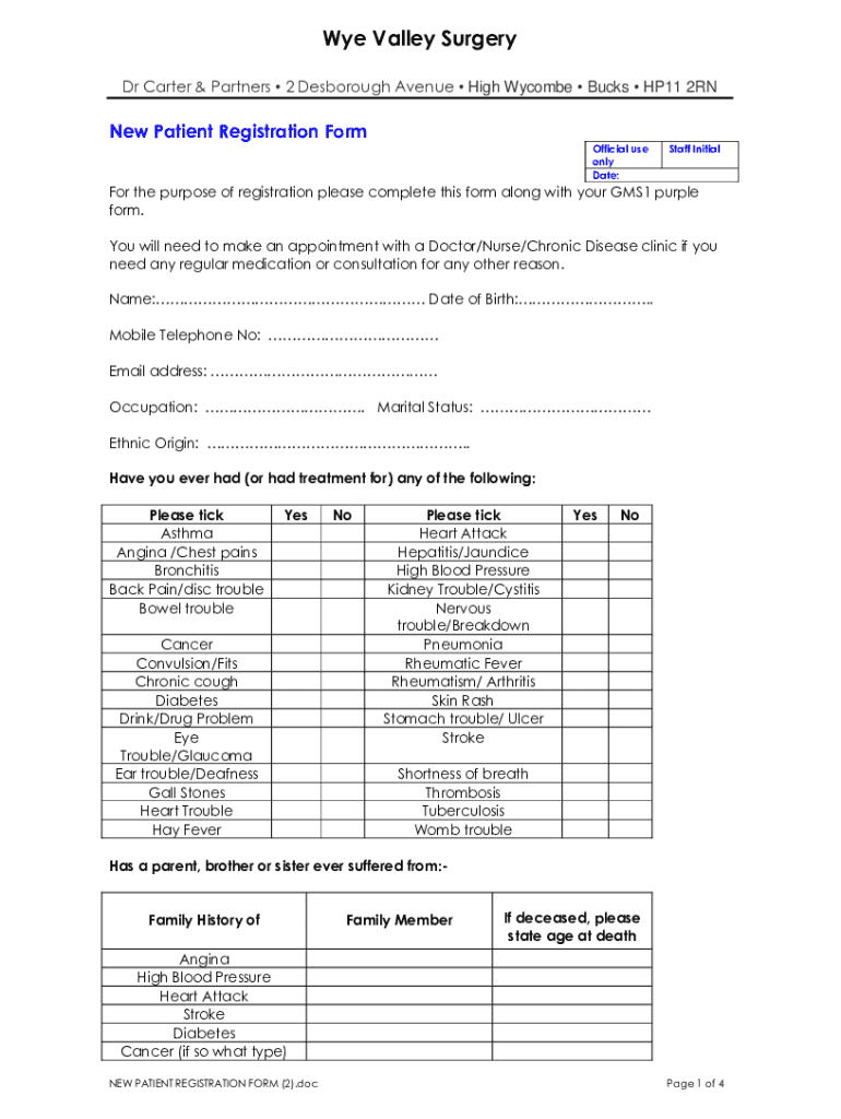 Fillable Online NEW PATIENT REGISTRATION FORM 2.doc Fax Email Print - pdfFiller