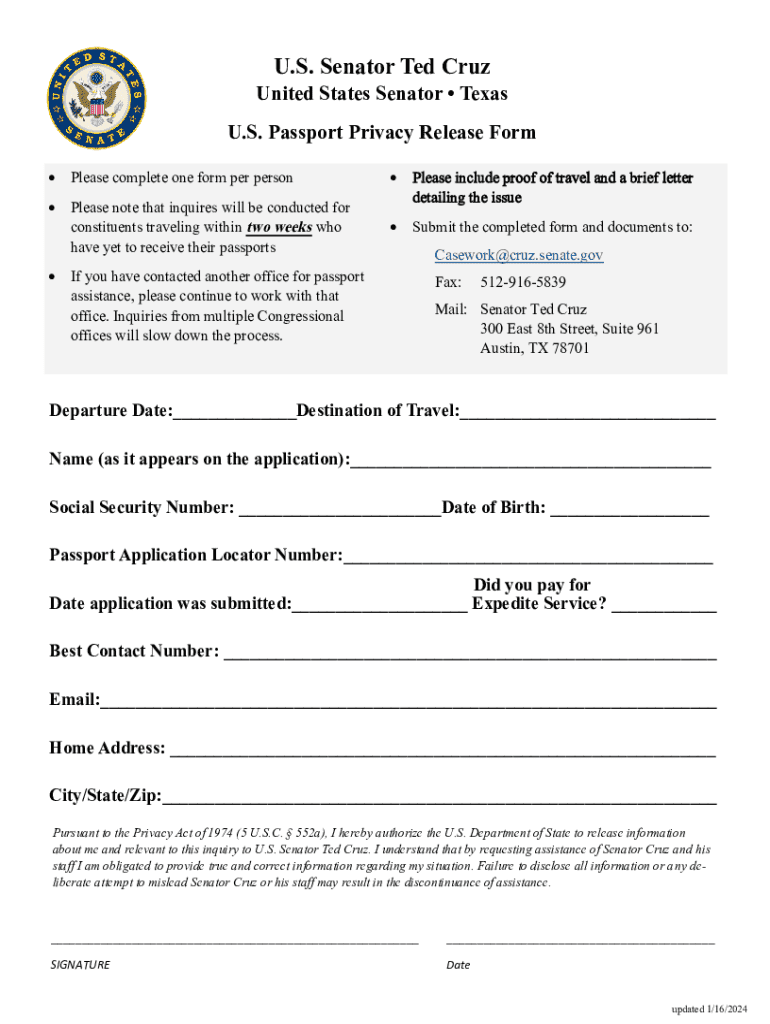 Fillable Online U.S. Senator Cruz Passport Privacy Form-fillable Fax ...