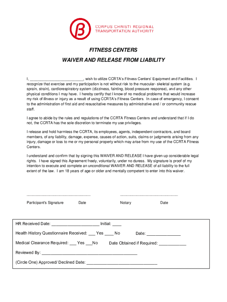 Fillable Online FITNESS CENTERS WAIVER AND RELEASE FROM LIABILITY Fax ...