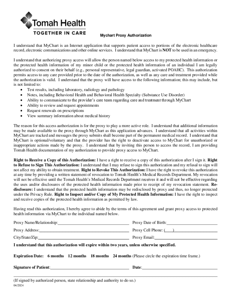 Fillable Online MyChart Proxy Application for Patients Medically Unable ...