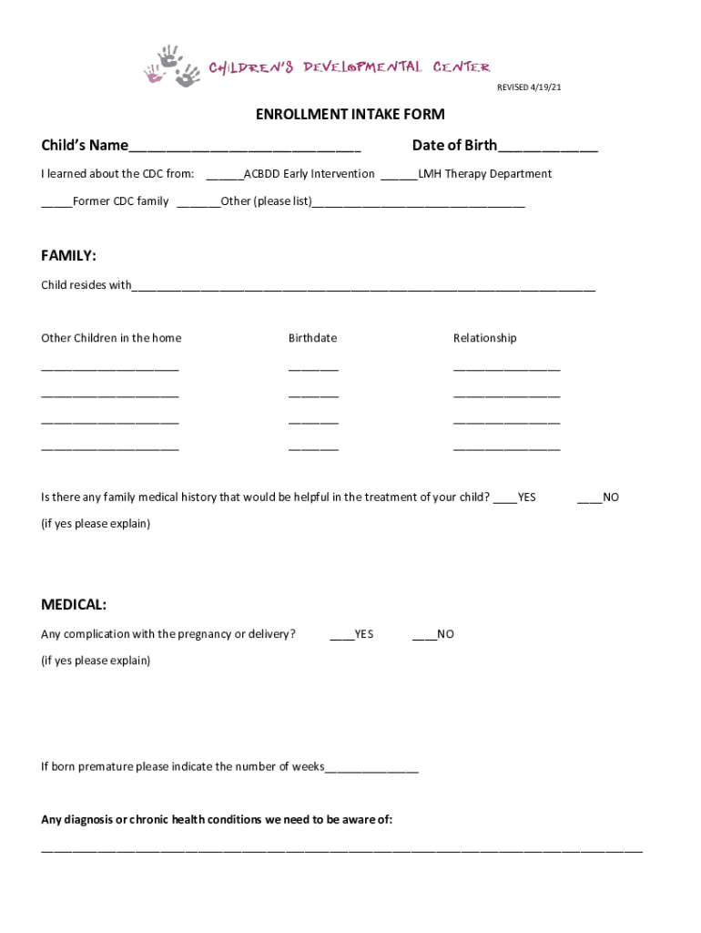 Fillable Online Enrollment Forms - Children's Developmental Center of ...