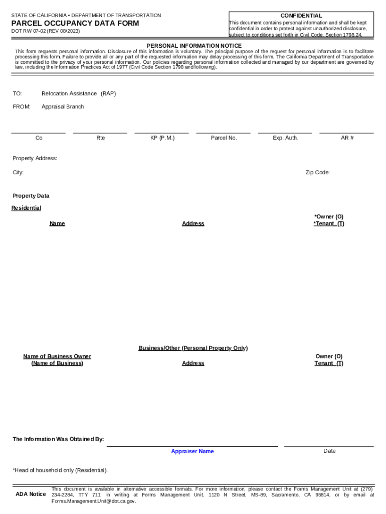 Fillable Online DOT RW 07-02: Parcel Occupancy Data Form Fax Email Print - pdfFiller
