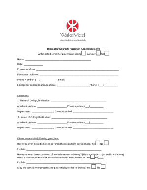 Fillable Online WakeMed Child Life Practicum Application Form ...