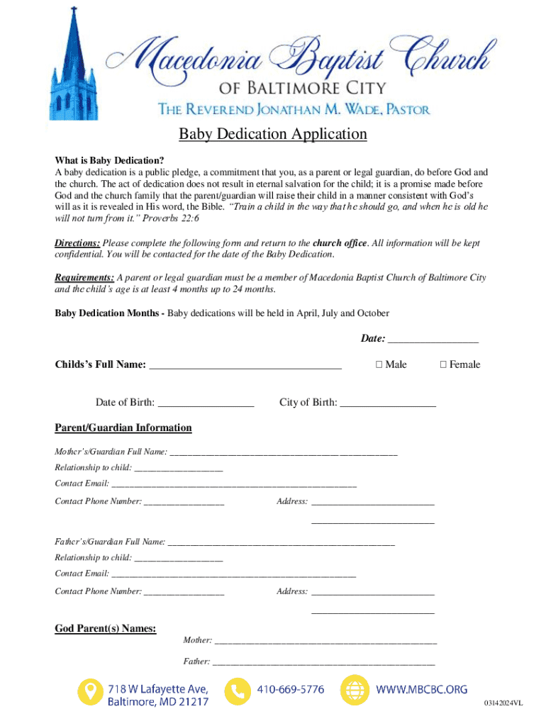 Fillable Online Baby Dedication ApplicationOasis Church Fax Email Print ...