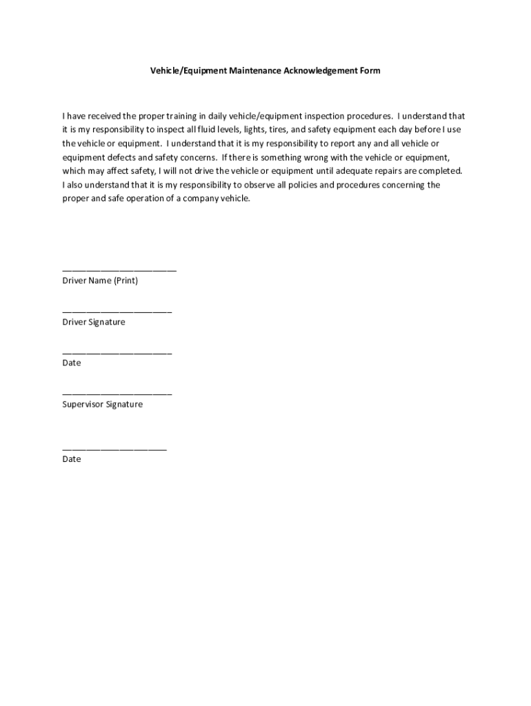 Fillable Online Vehicle/Equipment Maintenance Acknowledgement Form I ...