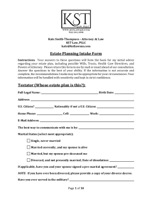 Fillable Online Estate Planning Intake Form Testator (Whose estate plan ...
