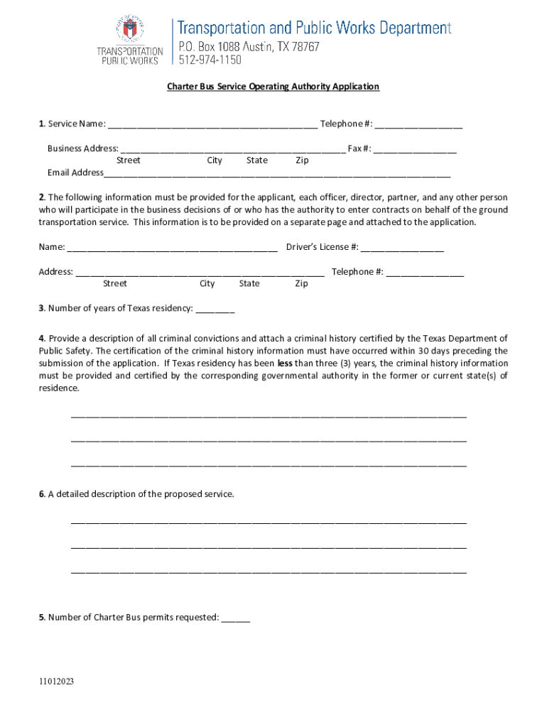 Fillable Online Charter Bus Service Operating Authority Application 1 ...