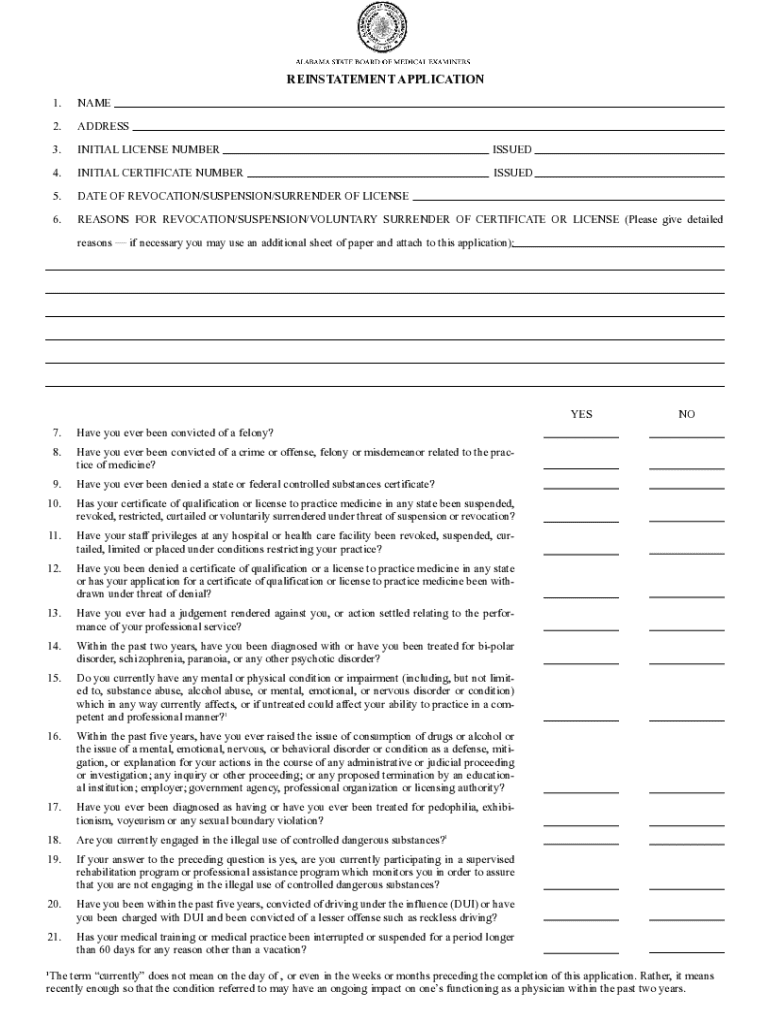 Fillable Online Instructions and Application for Reinstatement as ...