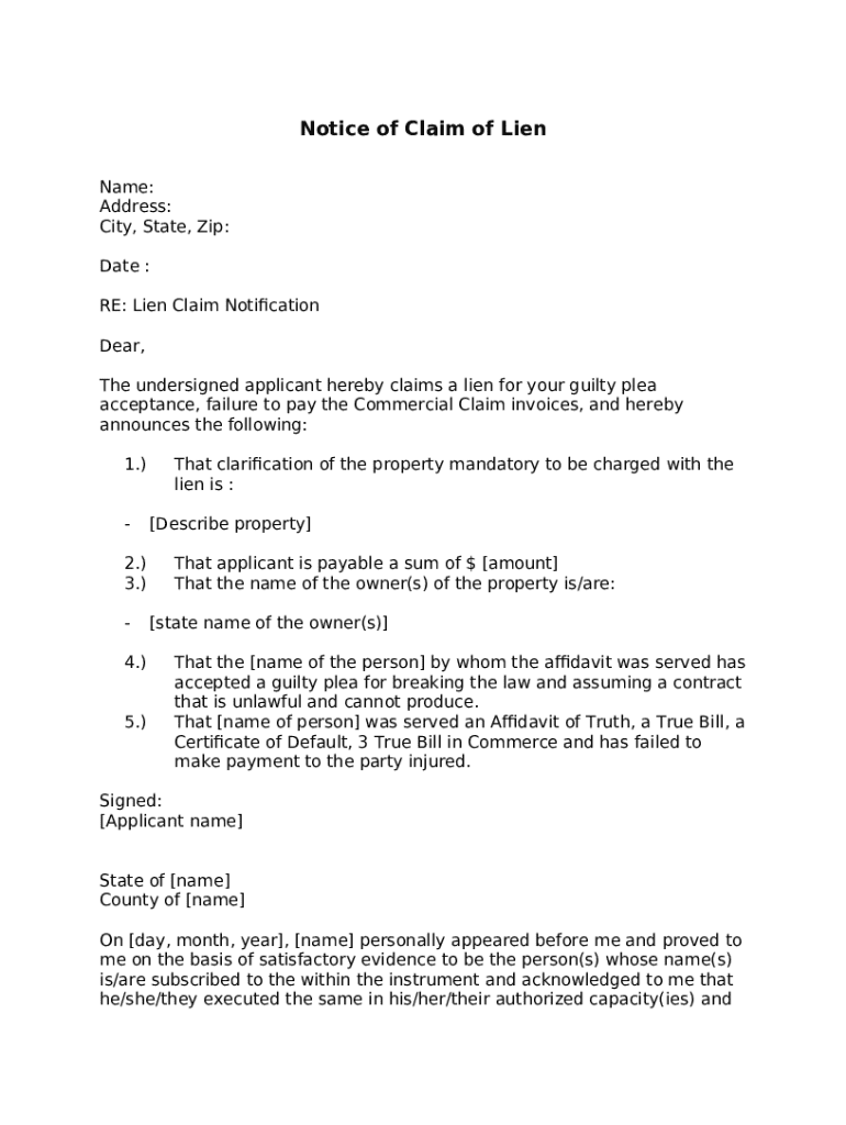 Notice of Claim of Lien - Blank Fillable Template | Fill Out, Print ...