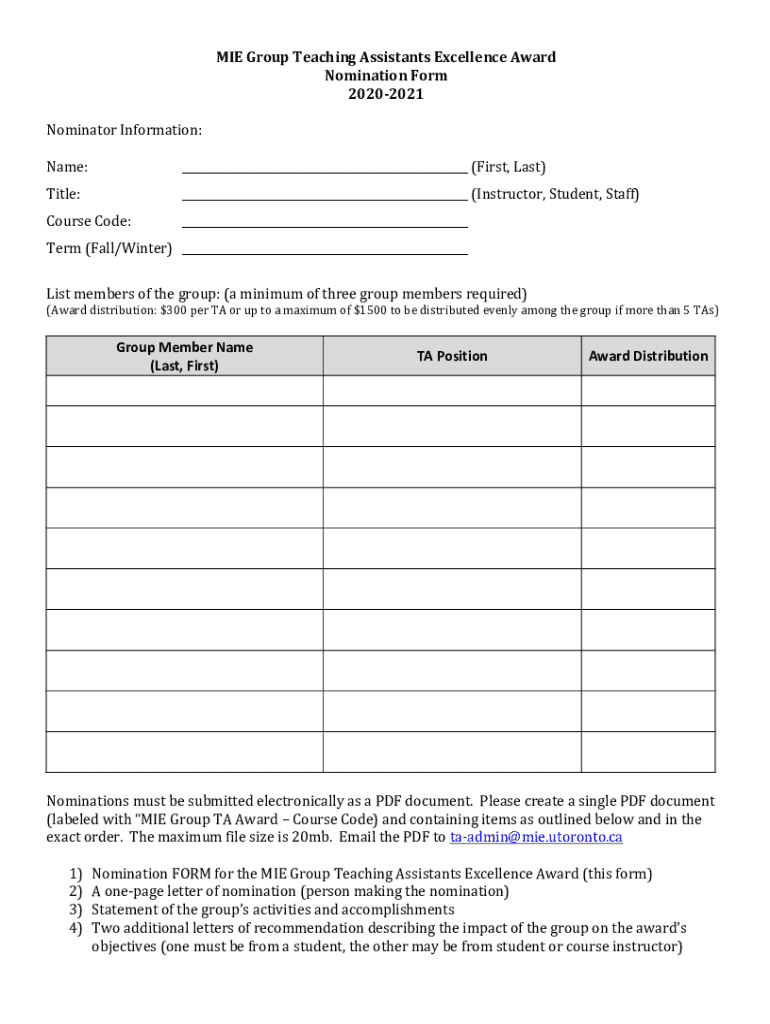 Fillable Online MIE Group Teaching Assistants Excellence Award Nomination Form ... Fax Email ...