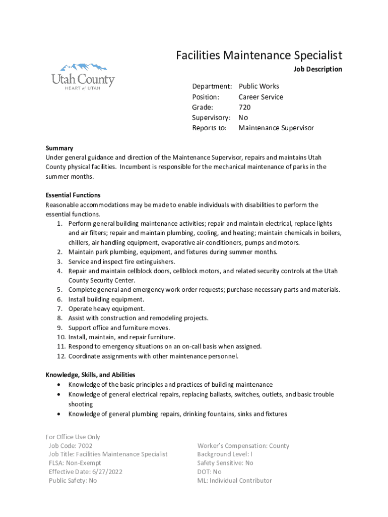 Fillable Online Maintenance Supervisor Job Description +2024 TEMPLATE ...