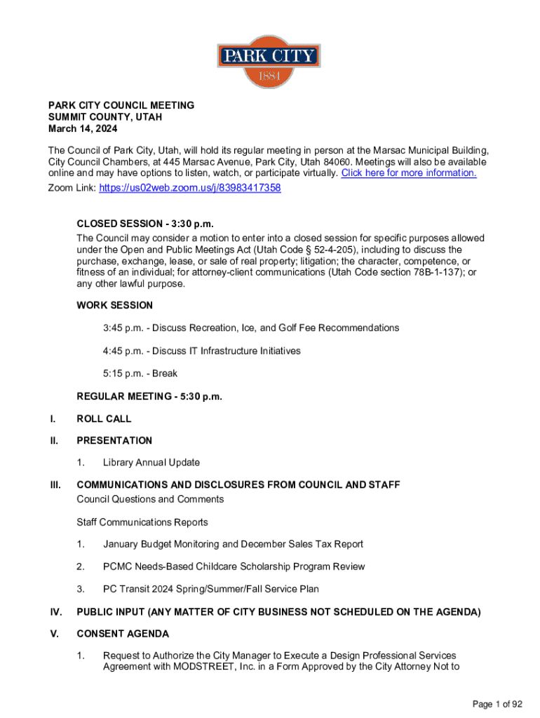 Fillable Online City Council Chambers, at 445 Marsac Avenue, Park City, Utah 84060 Fax Email ...