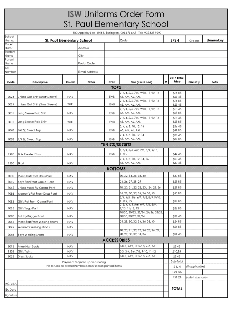 Fillable Online elem hcdsb ISW Uniforms Order Form St. Paul Elementary ...