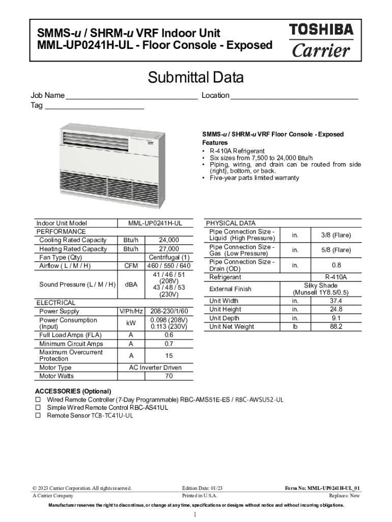 Fillable Online Toshiba Carrier MML1-U Exposed Floor Console Indoor Unit Fax Email Print - pdfFiller