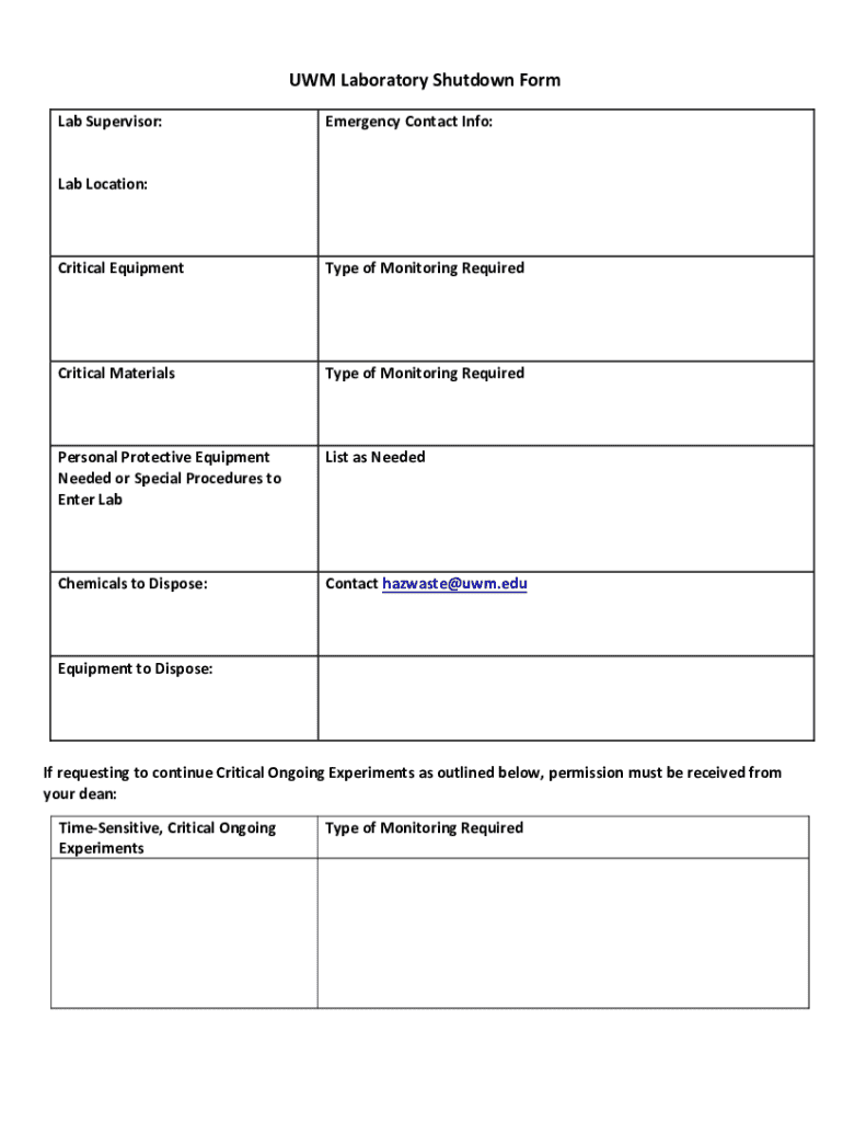 Fillable Online UWM Research Laboratory Shutdown Form and Checklist Fax ...