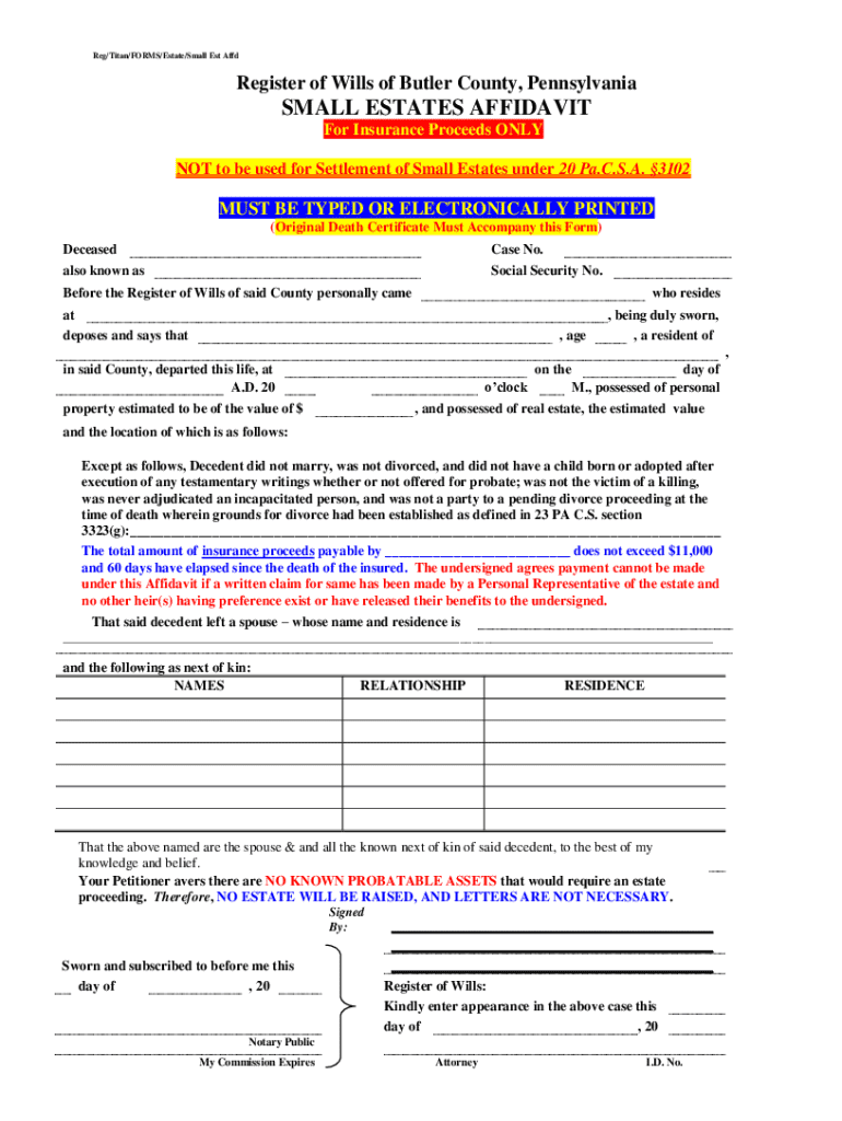 Fillable Online Small Estates Affidavit - Butler County, PA Fax Email ...