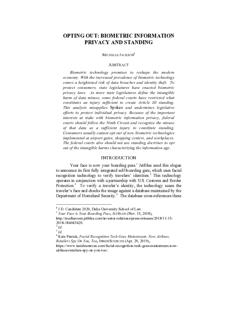 Fillable Online OPTING OUT: BIOMETRIC INFORMATION PRIVACY AND STANDING Fax Email Print - pdfFiller