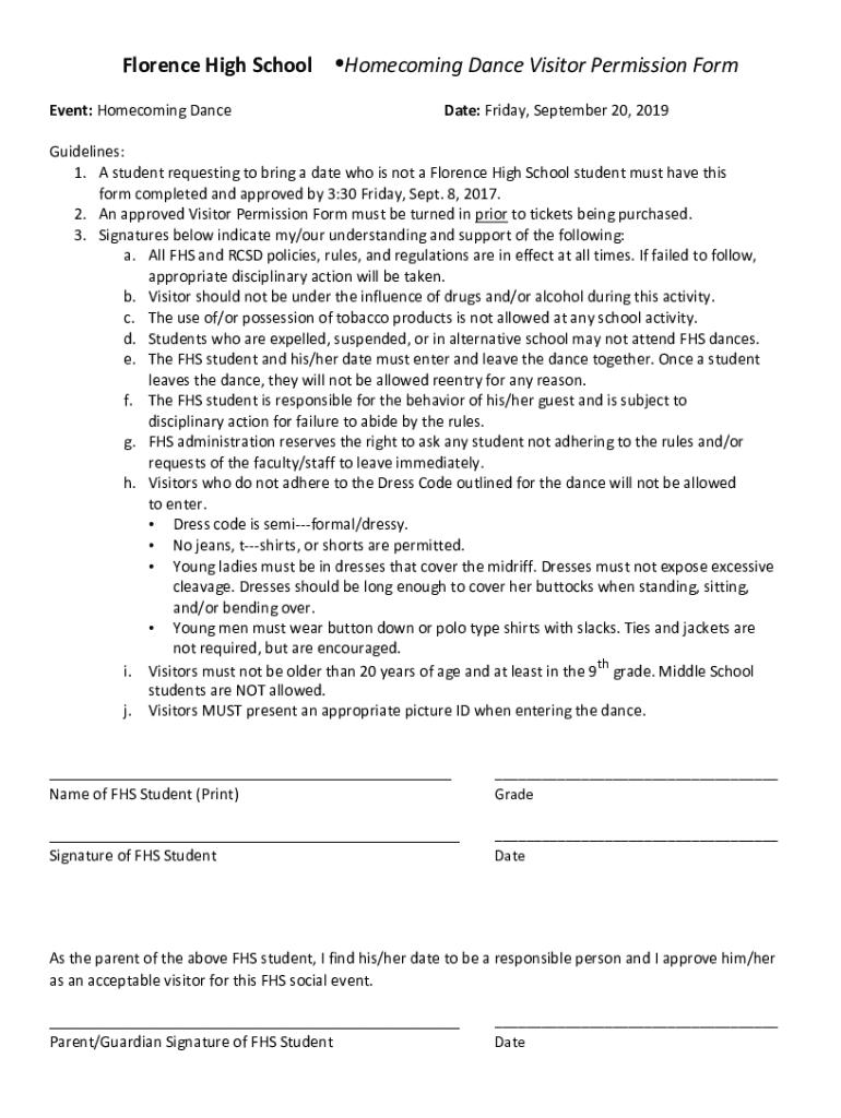 Fillable Online Florence High School Homecoming Dance Visitor ... Fax ...
