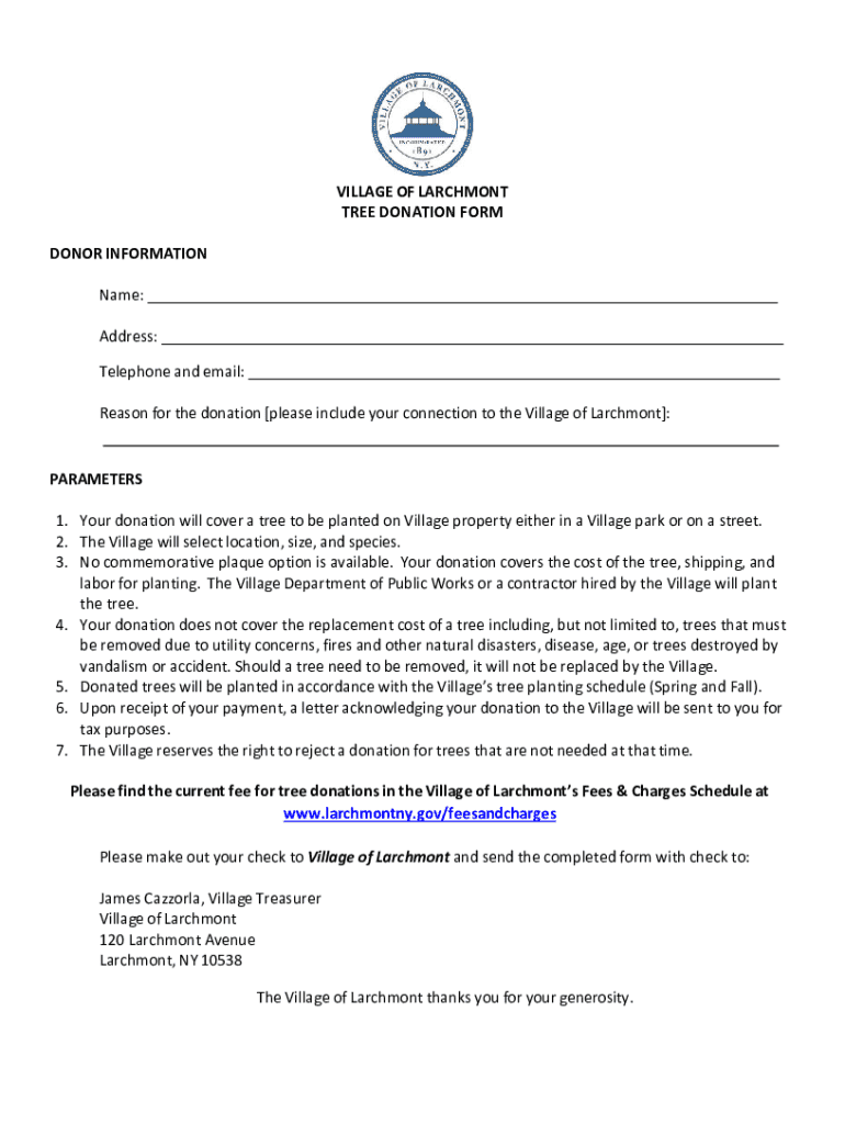 Fillable Online VILLAGE OF LARCHMONT TREE DONATION FORM DONOR ... Fax ...