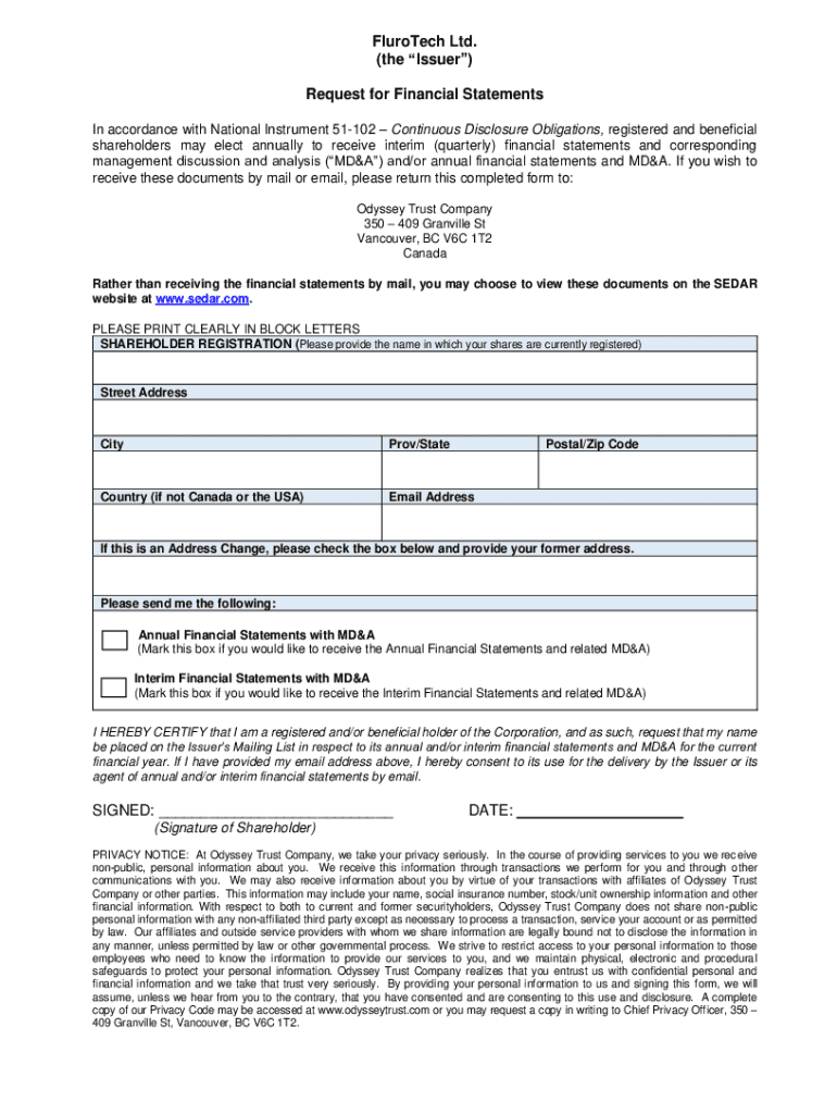 Fillable Online FluroTech Ltd. (the Issuer) Request for Financial Statements Fax Email Print ...