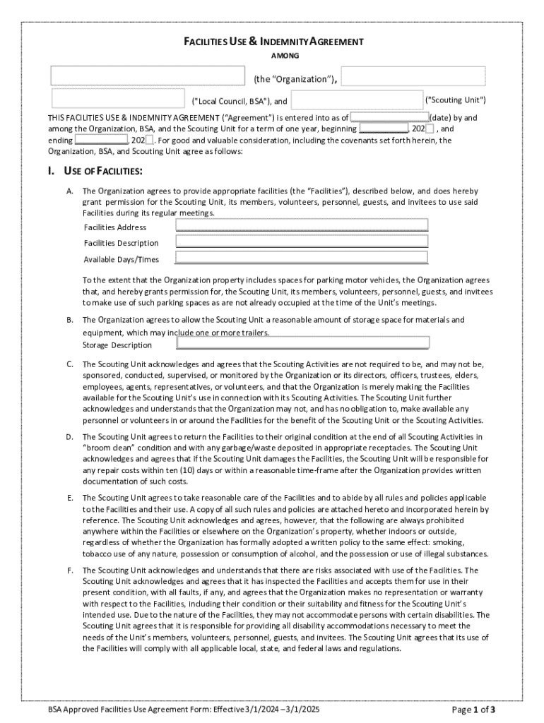Fillable Online Page 1 of 3 FACILITIES USE & INDEMNITY AGREEMENT ...