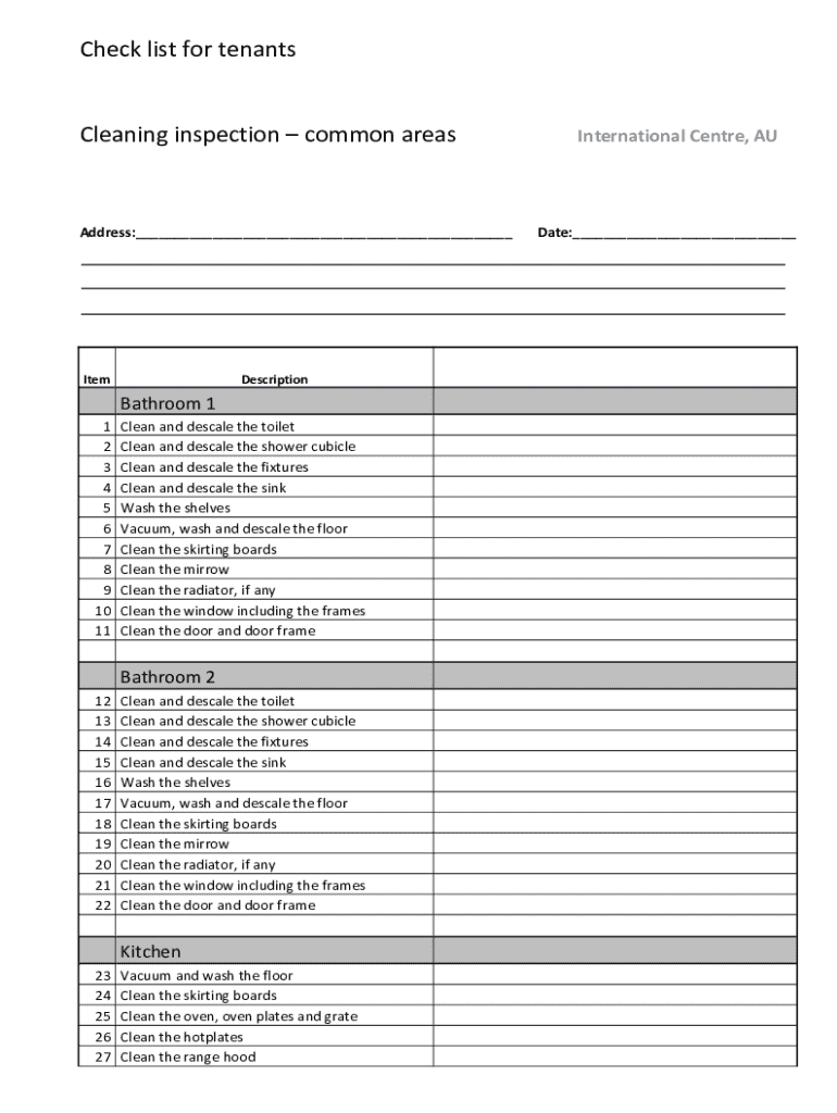 Fillable Online Check list for tenants Cleaning inspectioncommon areas ...