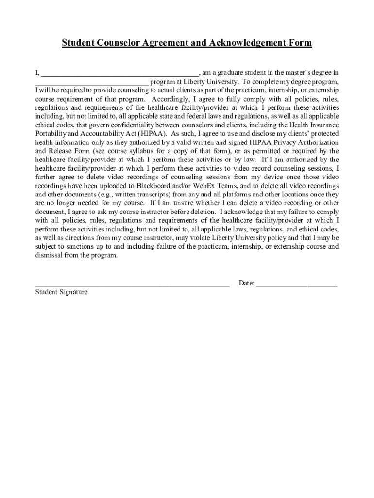 Fillable Online Student Counselor Agreement and Acknowledgement Form ...