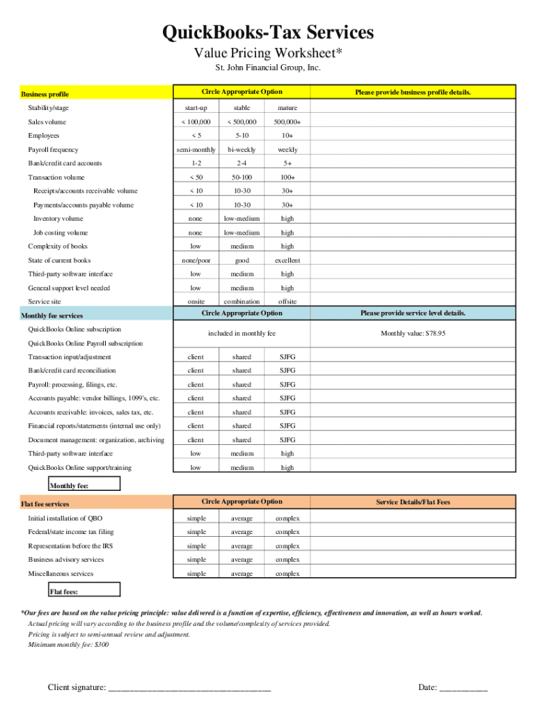 Fillable Online Value Pricing Worksheet.xlsx - QuickBooks-Tax Services ...